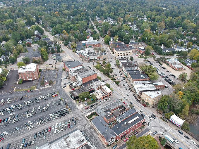 From above, Chagrin Falls reveals its perfect small-town layout&mdash;where "rush hour" means three cars waiting at the town's only stoplight.