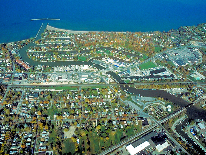 Vermilion's intricate waterways from above resemble nature's own version of Venice. A perfect patchwork of blue water, green trees, and colorful rooftops.
