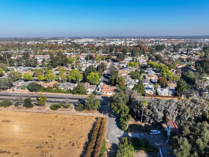 An aerial view reveals Modesto's perfect balance of urban amenities and agricultural roots. Where else can you live in a city but still see actual farmland?