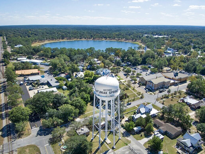 From above, DeFuniak Springs' perfect circular lake looks like nature's bull's-eye, with the historic water tower standing sentinel over this hidden gem.