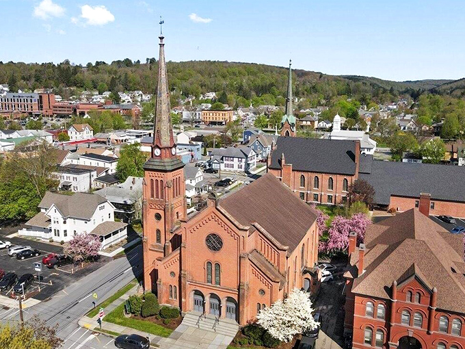 From above, Honesdale reveals itself as a perfect patchwork of history, faith, and community, nestled in Pennsylvania's verdant embrace.