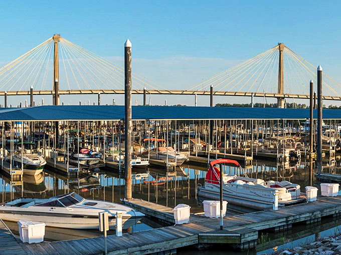 The marina showcases Alton's relationship with the mighty Mississippi, where even retirees on modest budgets can enjoy waterfront views and nautical charm.