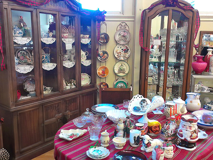 Holiday decorations and vintage dishware create a festive tableau that would cost hundreds at an antique store but here costs less than dinner.