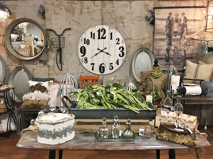 The wall clock centerpiece anchors this timeless vignette&mdash;proving that at Lone Star Mercantile, style is always right on schedule.