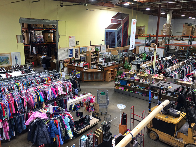 Bird's-eye view of the shopping floor reveals the impressive scale of this charitable operation. One person's donations become another's treasured finds.