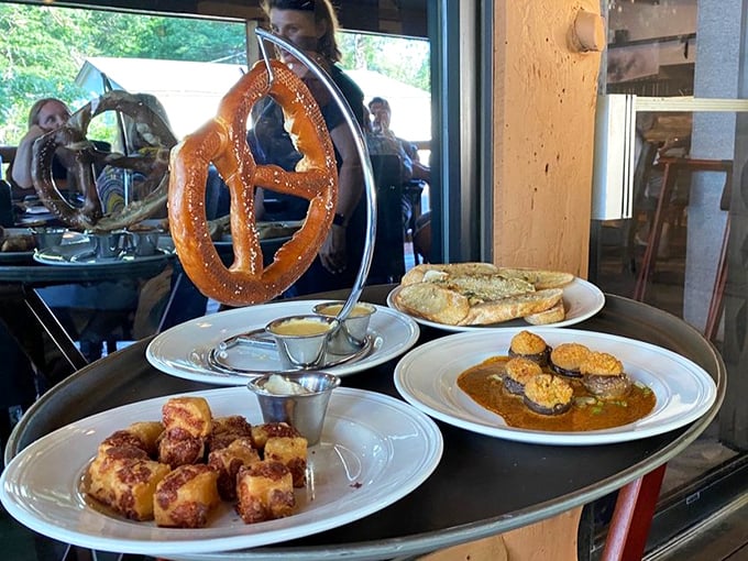 The giant pretzel dangles like edible jewelry above a spread that says, "Yes, you should absolutely order one of everything." Appetizer heaven exists.
