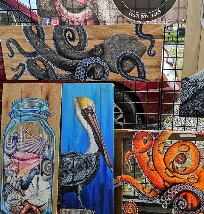 Octopus art that would make Poseidon redecorate his underwater palace. These wooden paintings transform coastal themes into statement pieces for landlocked homes. 