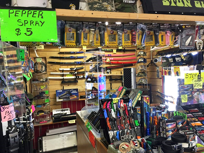 Self-defense meets impulse purchase at this eclectic booth. Nothing says "Florida shopping experience" quite like pepper spray next to fishing gear.