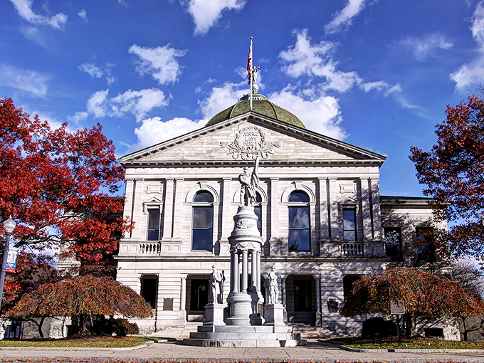 The Bradford County Courthouse stands regally against autumn's fiery display. Justice served with a side of spectacular seasonal color.