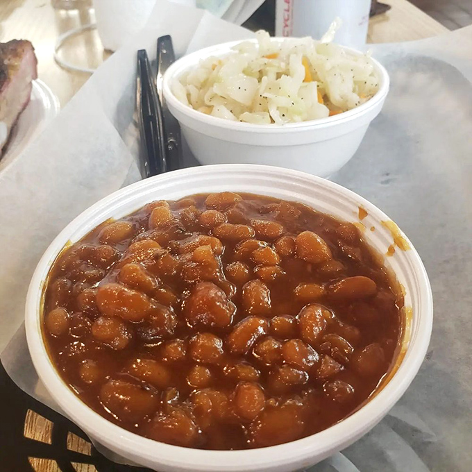 Baked beans that have clearly been introduced to the brisket drippings. Not a side dish&mdash;more like a supporting actor deserving its own award.