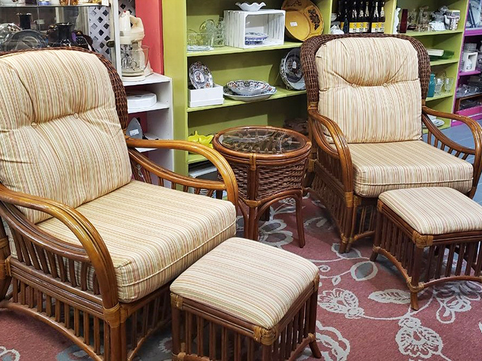 Rattan furniture that screams "Florida sunroom circa 1985." Just add a glass of iced tea and a paperback for the full experience.