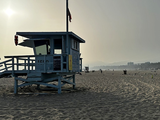 Lifeguard towers stand as beachfront sentinels at day's end, watching over footprints that will be washed away and created anew tomorrow.