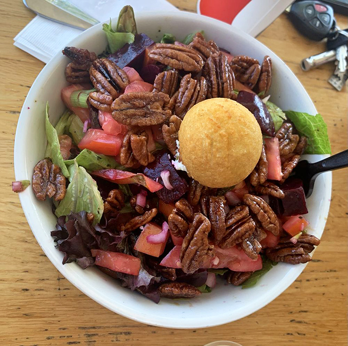 The beet salad with candied pecans proves that vegetables can party too, especially when dressed for success with the right companions.