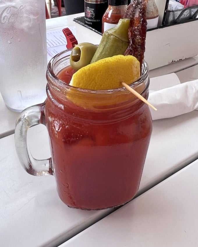 A Bloody Mary garnished like a small salad. The breakfast cocktail equivalent of "go big or go home"&mdash;spicy, savory, and unapologetically bold.