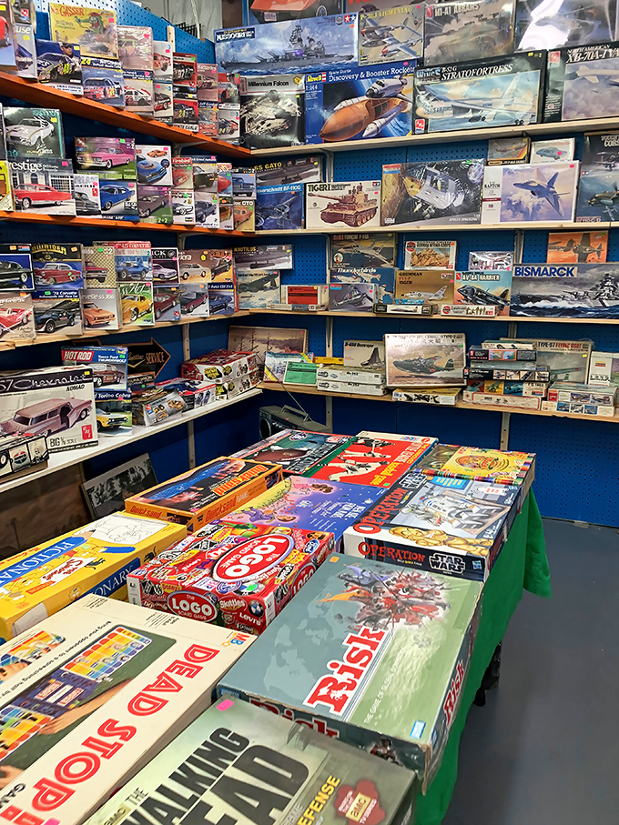 Board game enthusiasts and model builders find paradise in this corner where vintage games and unbuilt kits promise hours of nostalgic entertainment.