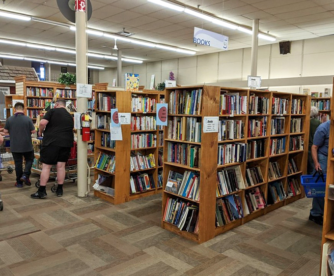 The book section: where literary adventures cost less than a coffee and browsers stand transfixed by possibilities.