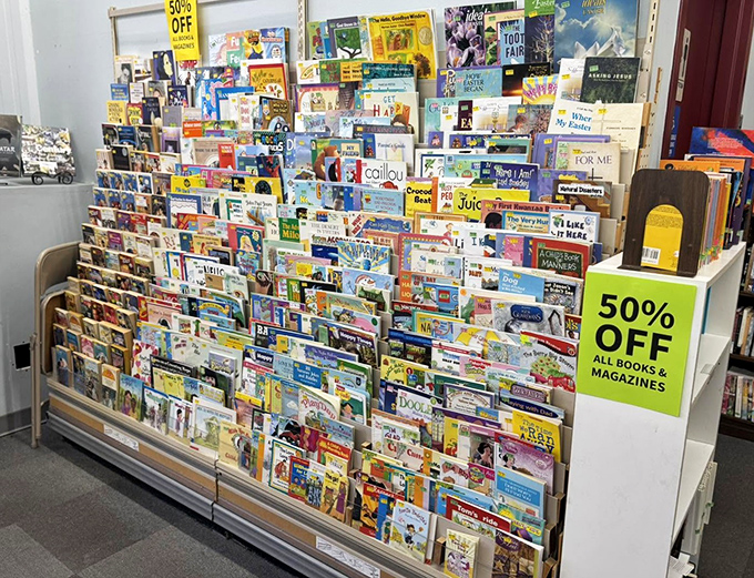 The children's book section bursts with colorful nostalgia, where beloved characters wait to enchant a whole new generation of little readers.