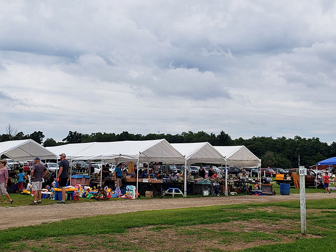 The big picture reveals the true scale. White tents stretch toward the horizon like a nomadic village dedicated to the ancient art of the deal.