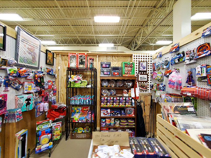 Toys from every decade fill these shelves with color and nostalgia. Remember that action figure your mom gave away? It's been waiting for you.