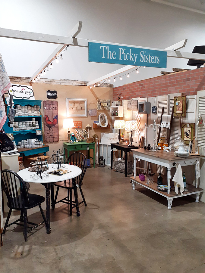 The Picky Sisters booth showcases the art of curation&mdash;where farmhouse chic meets vintage charm in a perfectly styled vignette that inspires home decorators.