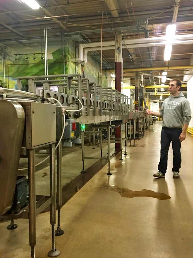The bottling line, where empty glass vessels enter and emerge filled with happiness. It's like watching the circle of life, but tastier.