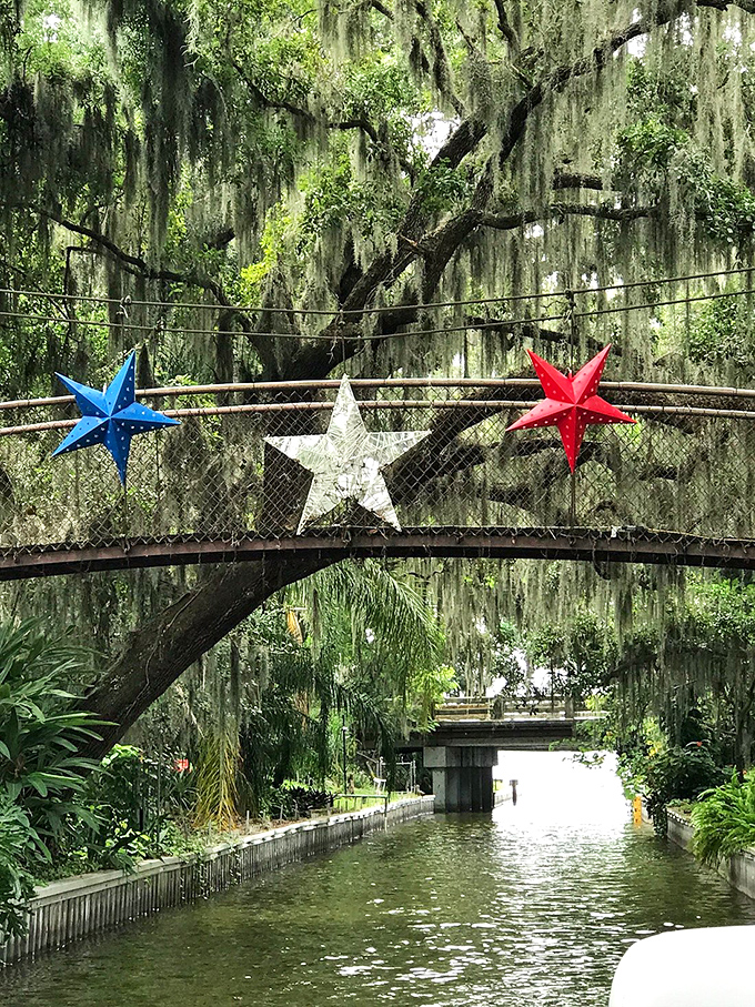 This charming canal bridge adorned with patriotic stars celebrates small-town America while Spanish moss adds that quintessential Southern touch.