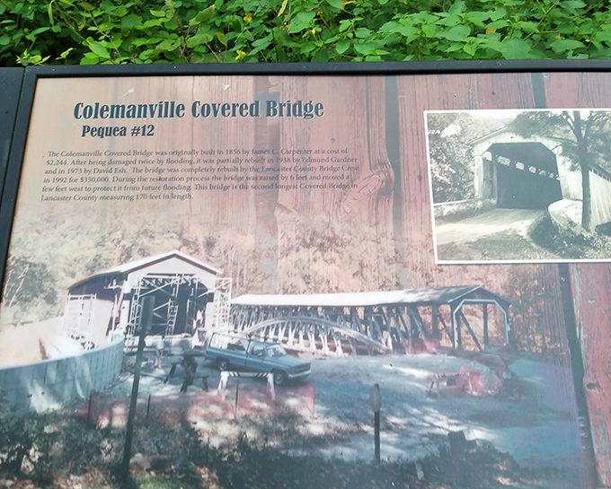 Nearby information boards tell the stories of Lancaster County's covered bridges, preserving their history for future generations to discover.