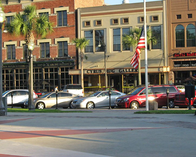 Historic storefronts along downtown Ocala capture that magical moment when late afternoon sun turns ordinary buildings into gold.