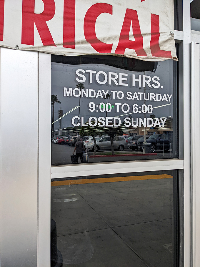 Store hours clearly posted&mdash;the schedule of opportunity. Monday through Saturday, treasure hunters have nine hours daily to strike secondhand gold.