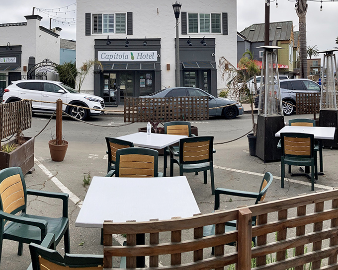 The boutique Capitola Hotel sits at the village's heart, where outdoor dining creates a European-style plaza atmosphere.