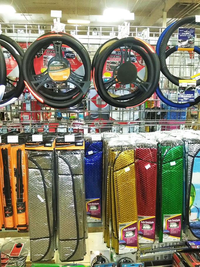 Car accessories hanging like modern art installations. From sun shades to tire covers, your vehicle's makeover starts here.