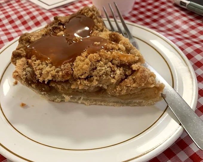 Apple pie with caramel drizzle and crumb topping&mdash;the dessert equivalent of wearing both a belt and suspenders. Deliciously excessive. 