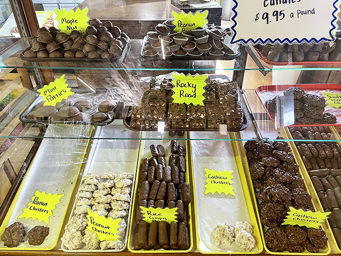 A chocolate lover's fever dream come true. From rocky road to cashew clusters, this display case is where willpower goes to die a delicious death.