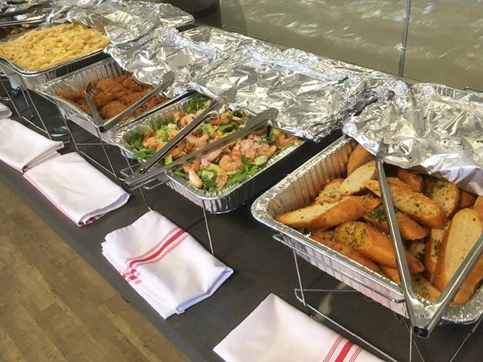 Catering spread that would make any office party legendary&mdash;from golden hushpuppies to plump shrimp, this is how you win friends and influence colleagues.