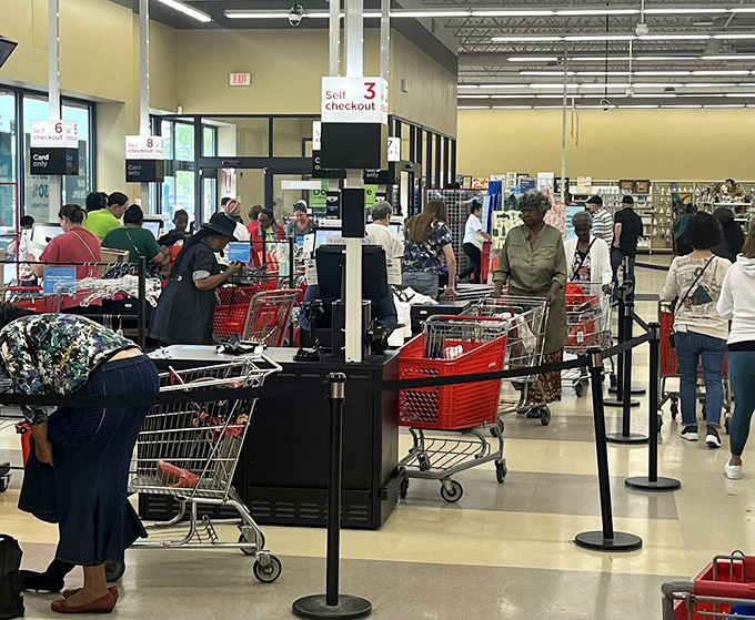 The checkout line: where treasure hunters compare their bounty and silently congratulate themselves on money well saved.