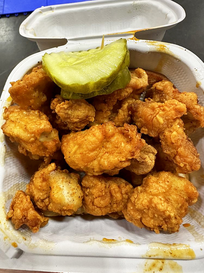 Crispy nuggets of joy topped with pickle coins – a perfect introduction for those just dipping their toes into Nashville hot chicken waters.