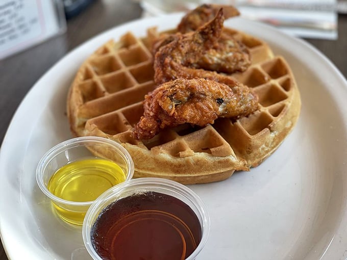 Chicken and waffles&mdash;the ultimate LA power couple. That golden waffle grid creating perfect pockets for syrup and butter is engineering at its most delicious.