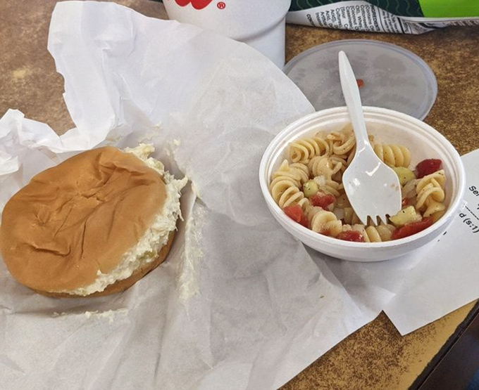 Even chicken salad becomes extraordinary here, paired with pasta salad for a meal that exceeds expectations.