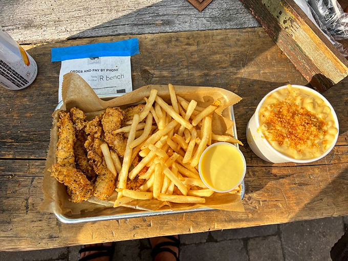 Chicken tenders that actually deserve the name "tender," served with fries and mac & cheese that would make any southerner nod in approval.
