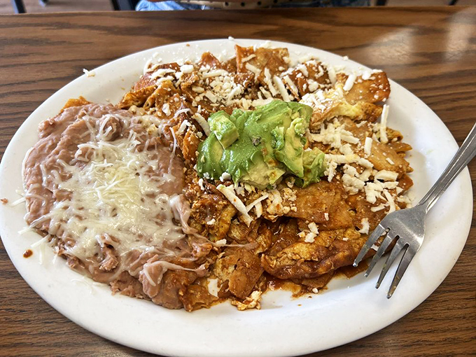 These chilaquiles deliver that perfect morning kick, where crispy tortillas, savory sauce, and fresh avocado create breakfast harmony.