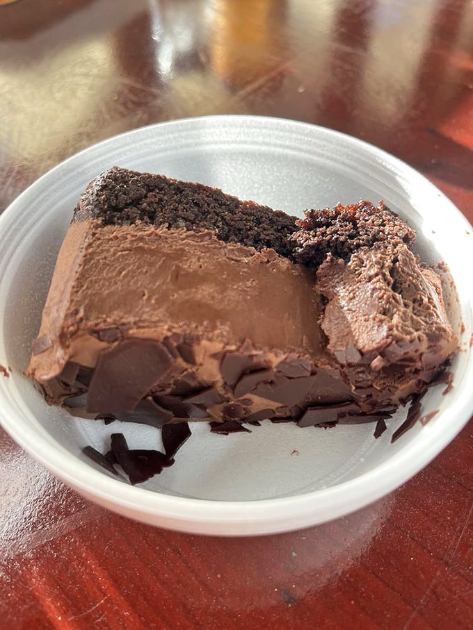 Chocolate cake that makes you question why anyone would ever waste valuable stomach space on anything but barbecue and this decadent finale.