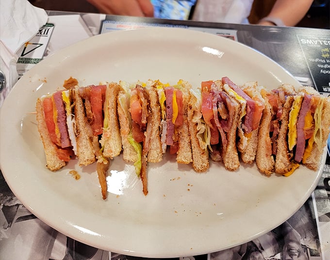 A club sandwich stacked higher than some Texas oil derricks. Each layer perfectly placed, a skyscraper of satisfaction waiting to topple.