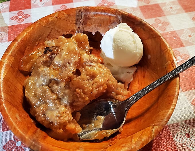 Dessert that demands respect: warm fruit cobbler with ice cream melting into every nook and cranny. The perfect finale to a Western feast.