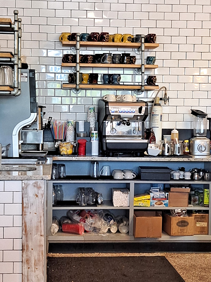 The coffee station: command central for morning revival. Those mugs lined up like soldiers ready for caffeine deployment.