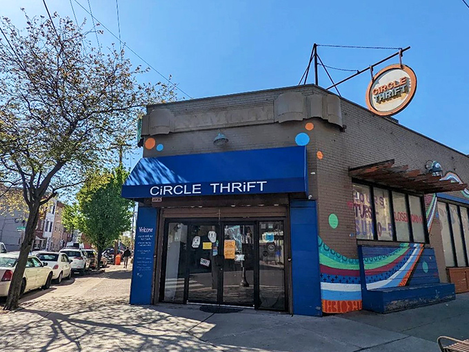 Corner location, can't miss it! The distinctive blue awning and circular sign make Circle Thrift an easily spotted landmark in its Philadelphia neighborhood.