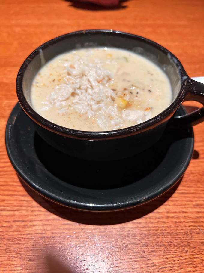 A mug of crab and corn chowder so hearty it could qualify as a meal—liquid gold that warms you from the inside out.
