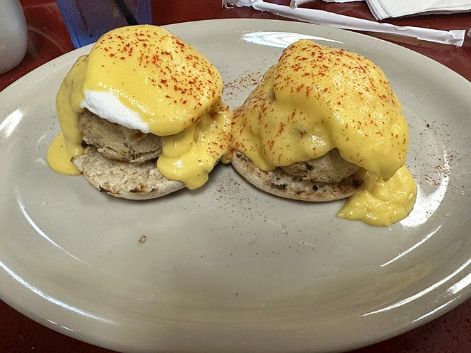 Crab cake Benedict elevating brunch to an art form worthy of Sunday celebration.