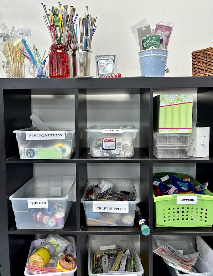 Craft supply organization that would make Pinterest proud. From knitting needles to sewing notions &ndash; creative possibilities stored in labeled bins.