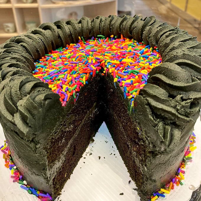 A chocolate cake ringed with rainbow sprinkles &ndash; proof that sometimes the most serious desserts wear the most playful accessories.