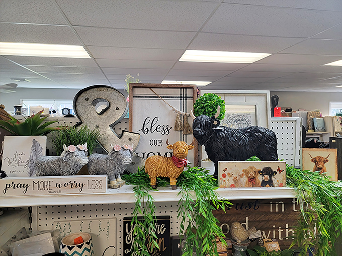 Farmhouse chic meets Pennsylvania charm in this menagerie of decorative animals. That Highland cow figurine is silently daring you not to take it home.